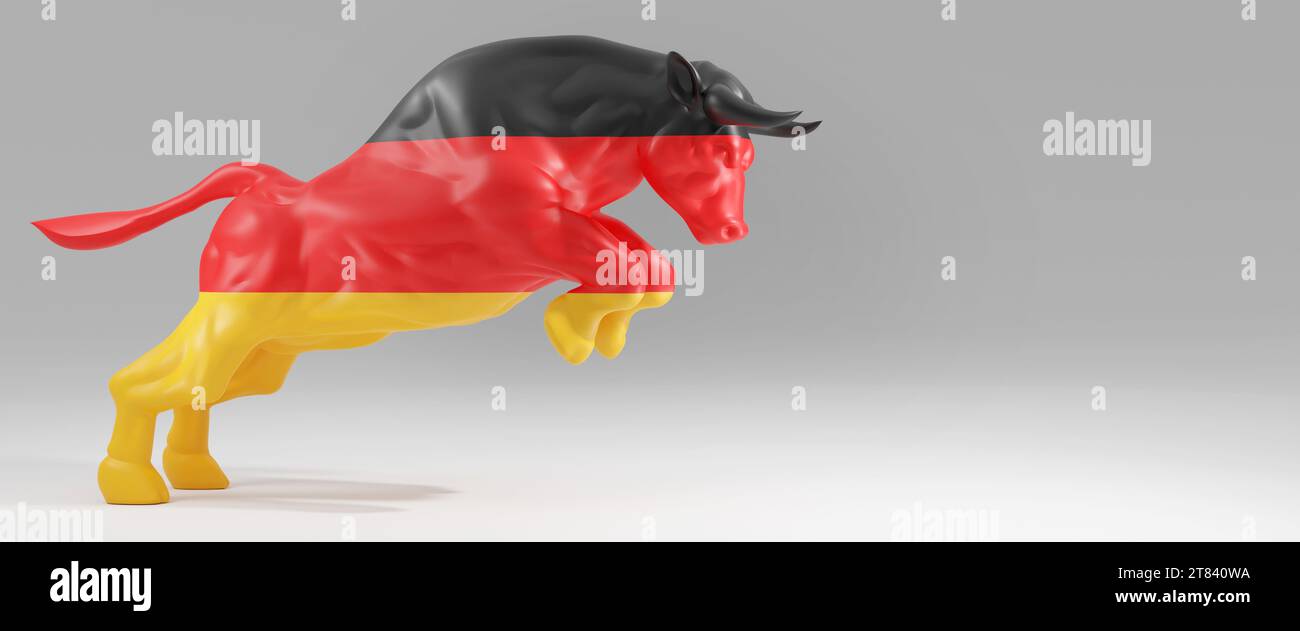Horizontal banner of a bull with Germany flag on plain empty grey ...