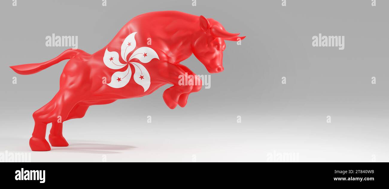 Horizontal banner of a bull with Hong Kong flag on plain empty grey ...