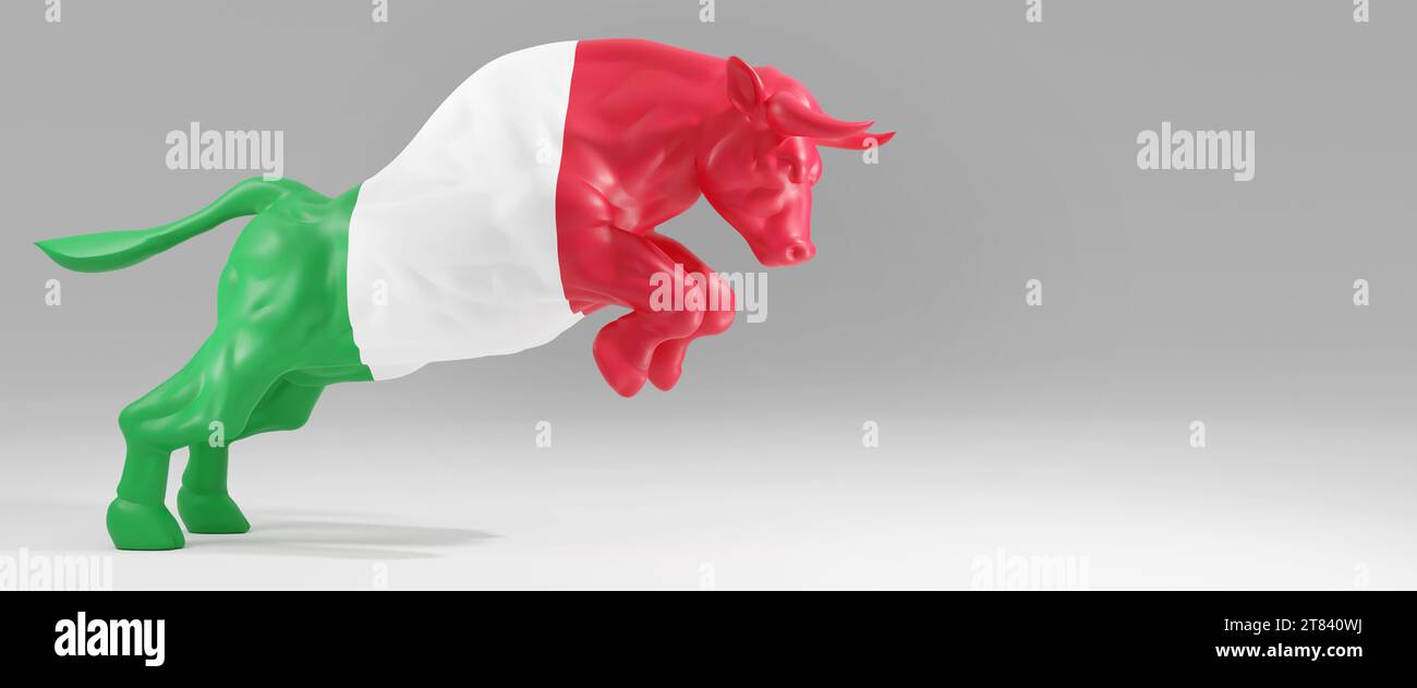Horizontal banner of a bull with Italy flag on plain empty grey ...