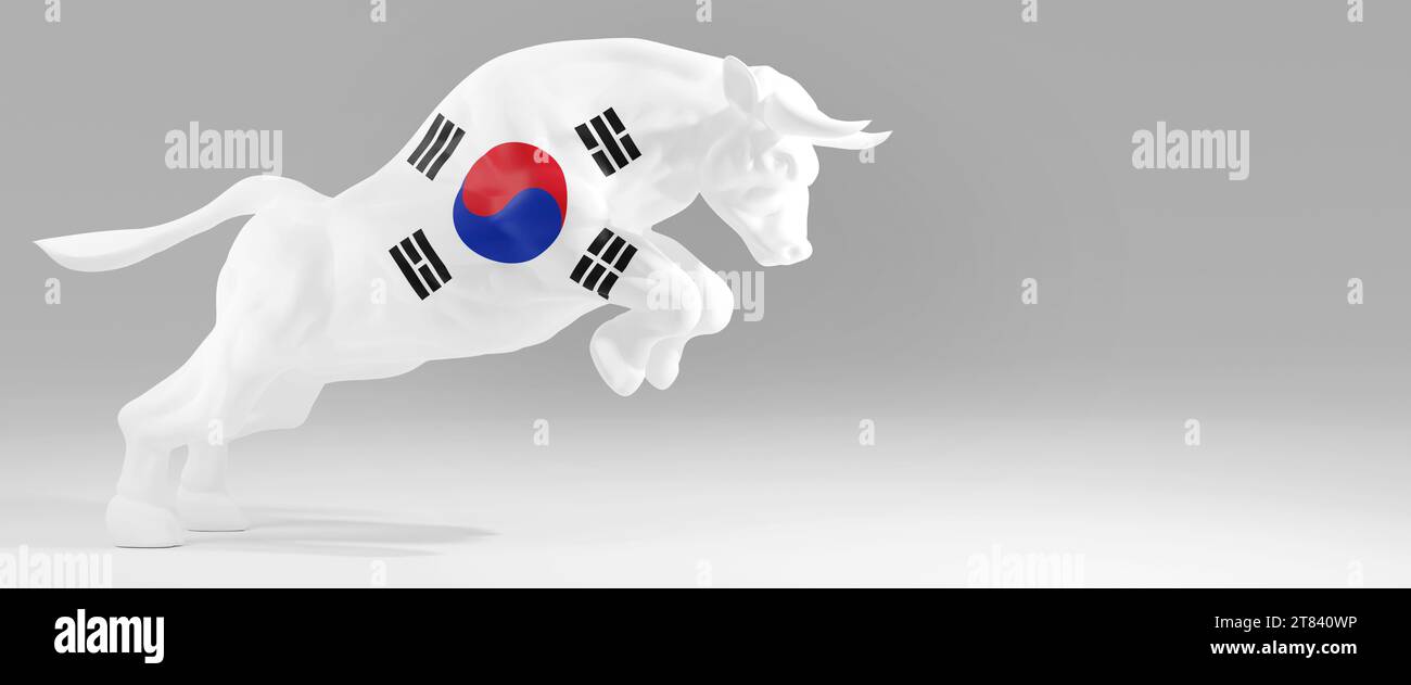 Horizontal banner of a bull with South Korea flag on plain empty grey ...