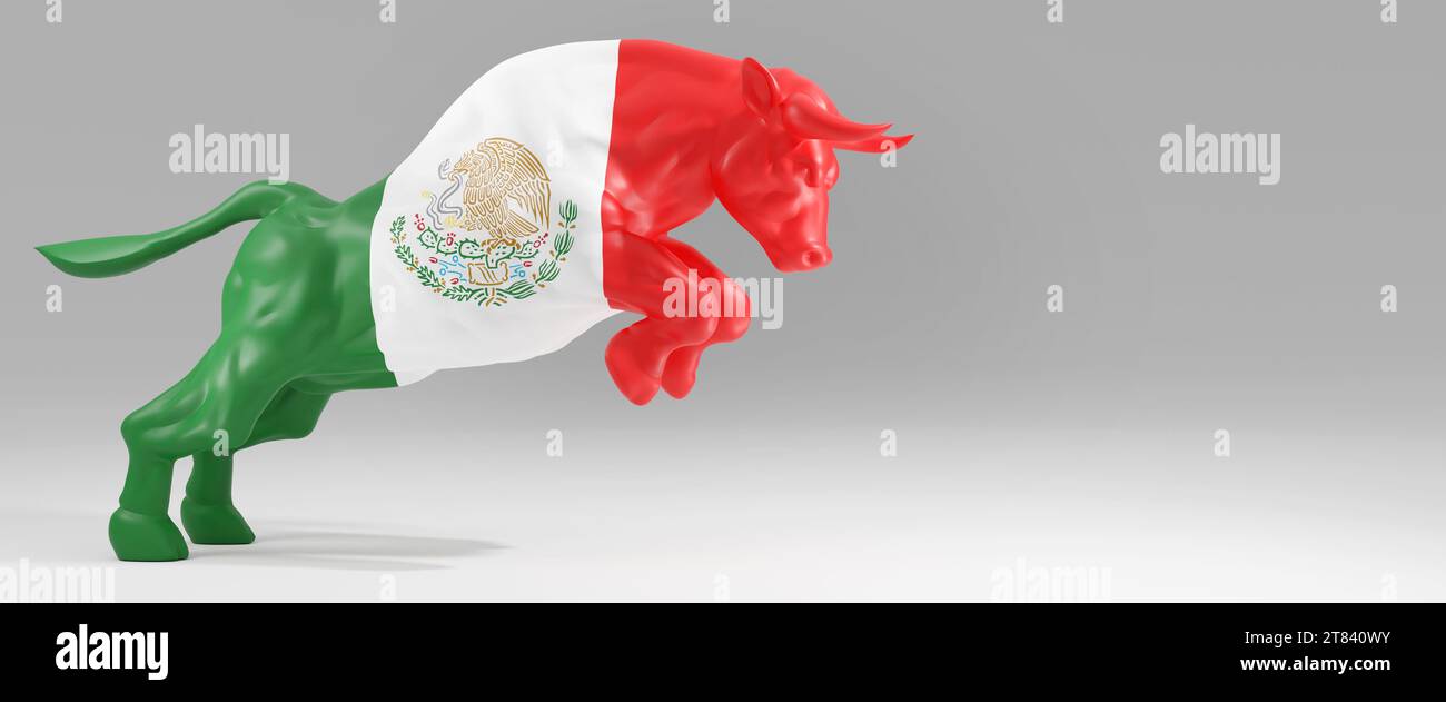Horizontal banner of a bull with Mexico flag on plain empty grey ...