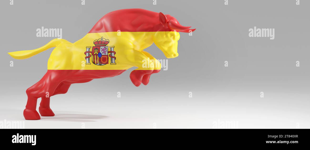 Horizontal banner of a bull with Spain flag on plain empty grey ...