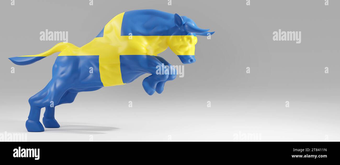 Horizontal banner of a bull with Sweden flag on plain empty grey ...