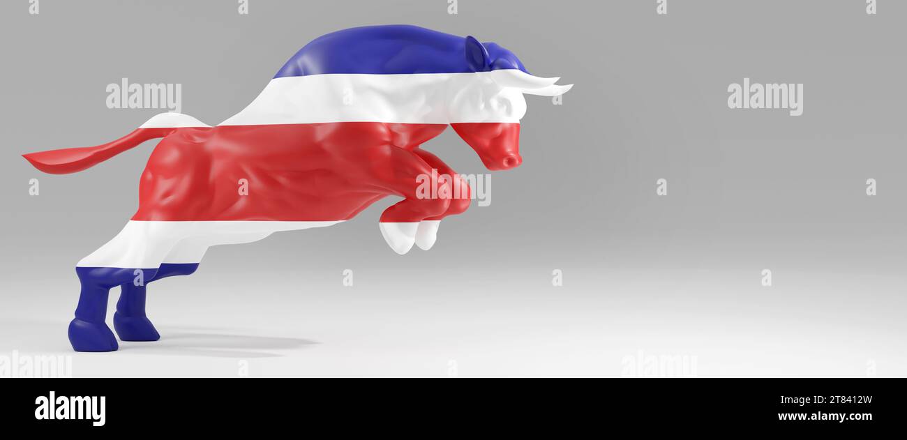 Horizontal banner of a bull with Thailand flag on plain empty grey ...