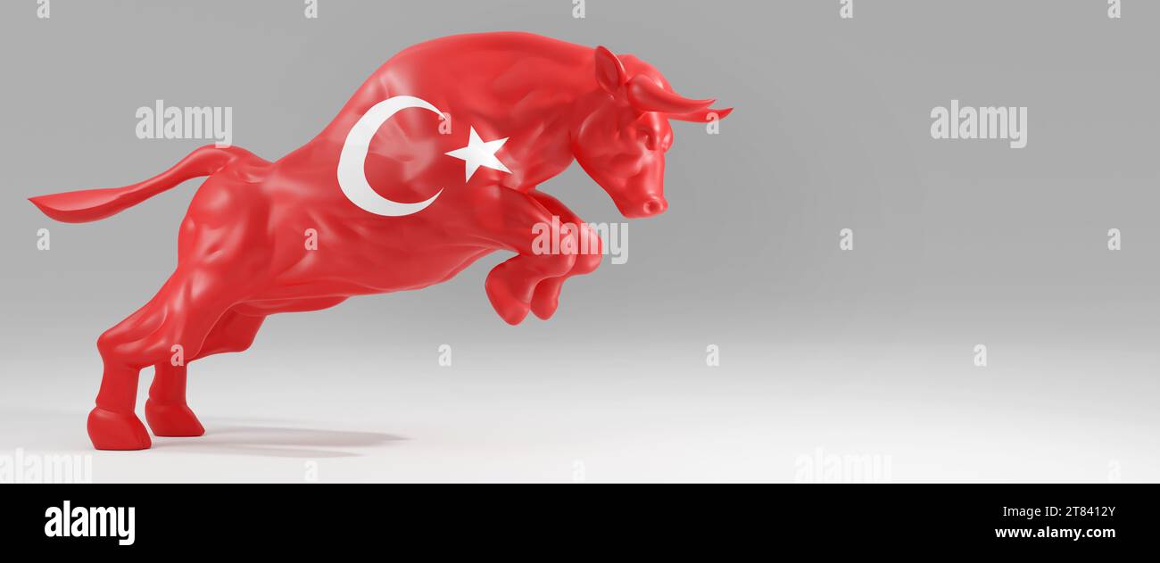Horizontal banner of a bull with Turkey flag on plain empty grey ...