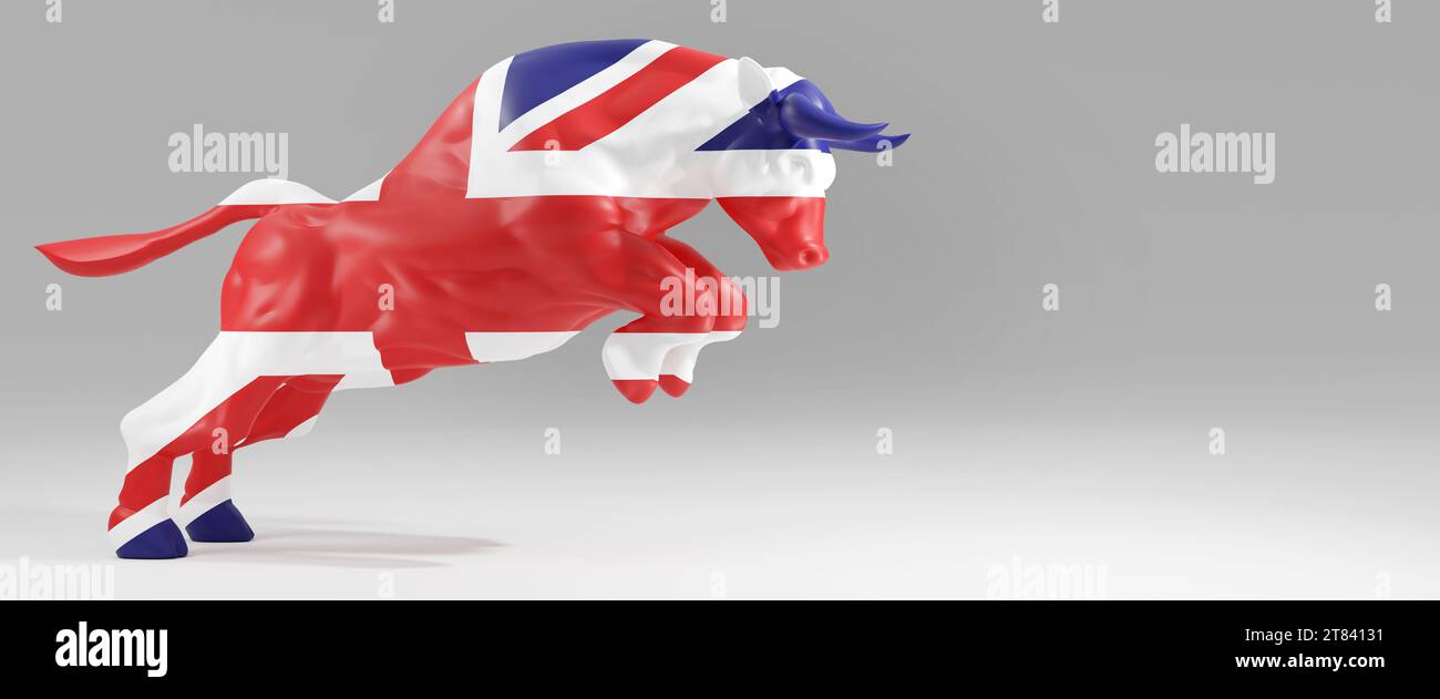 Horizontal banner of a bull with United Kingdom flag on plain empty ...
