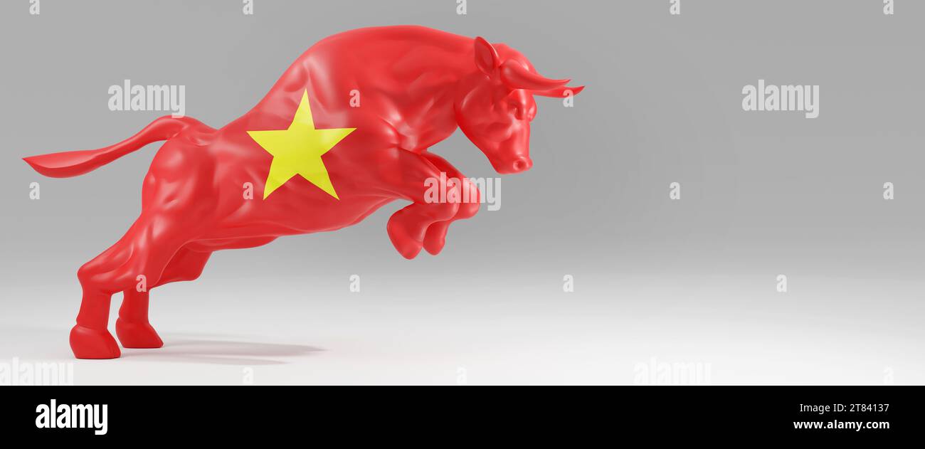 Horizontal banner of a bull with Vietnam flag on plain empty grey ...
