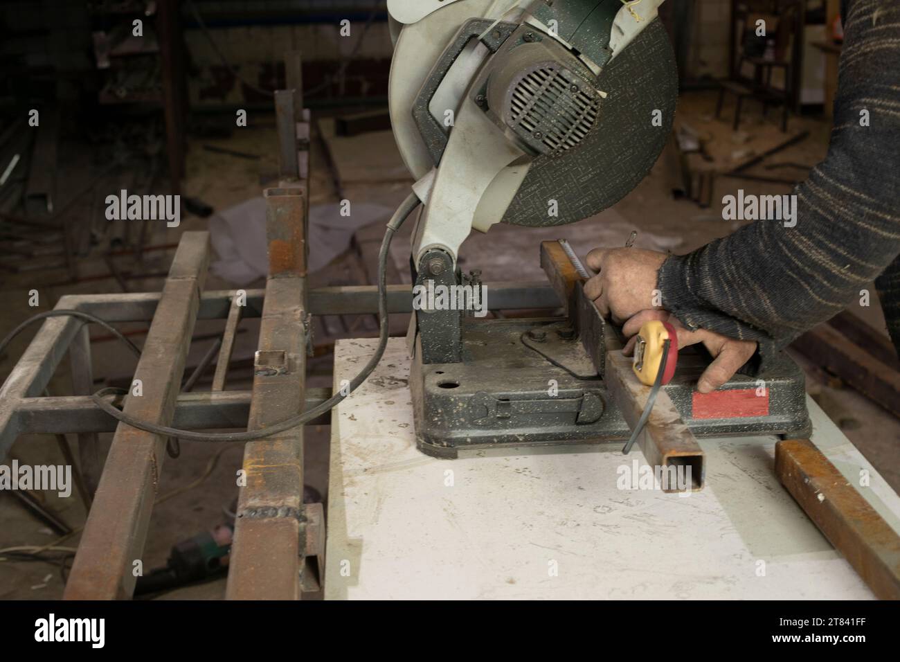 Large saw for cutting metal. Tool in metal workshop. Steel processing ...