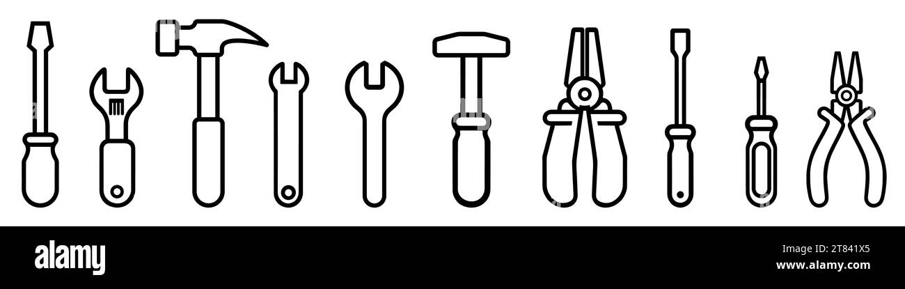 Set of hand tools icons. Black and white set of different hand tools in ...