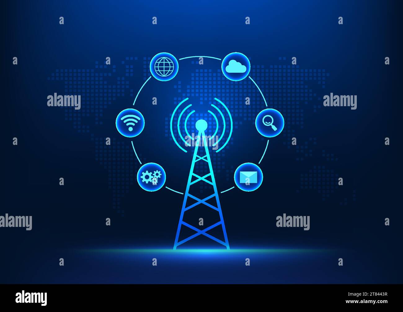 Telecommunications technology Transmission tower in front of world map with technology icons It ...