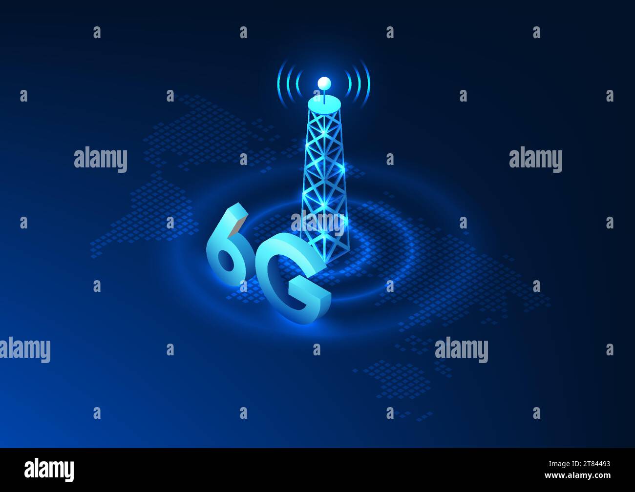 Telecommunication technology, Signal tower set on world map with broadcast waves It represents ...