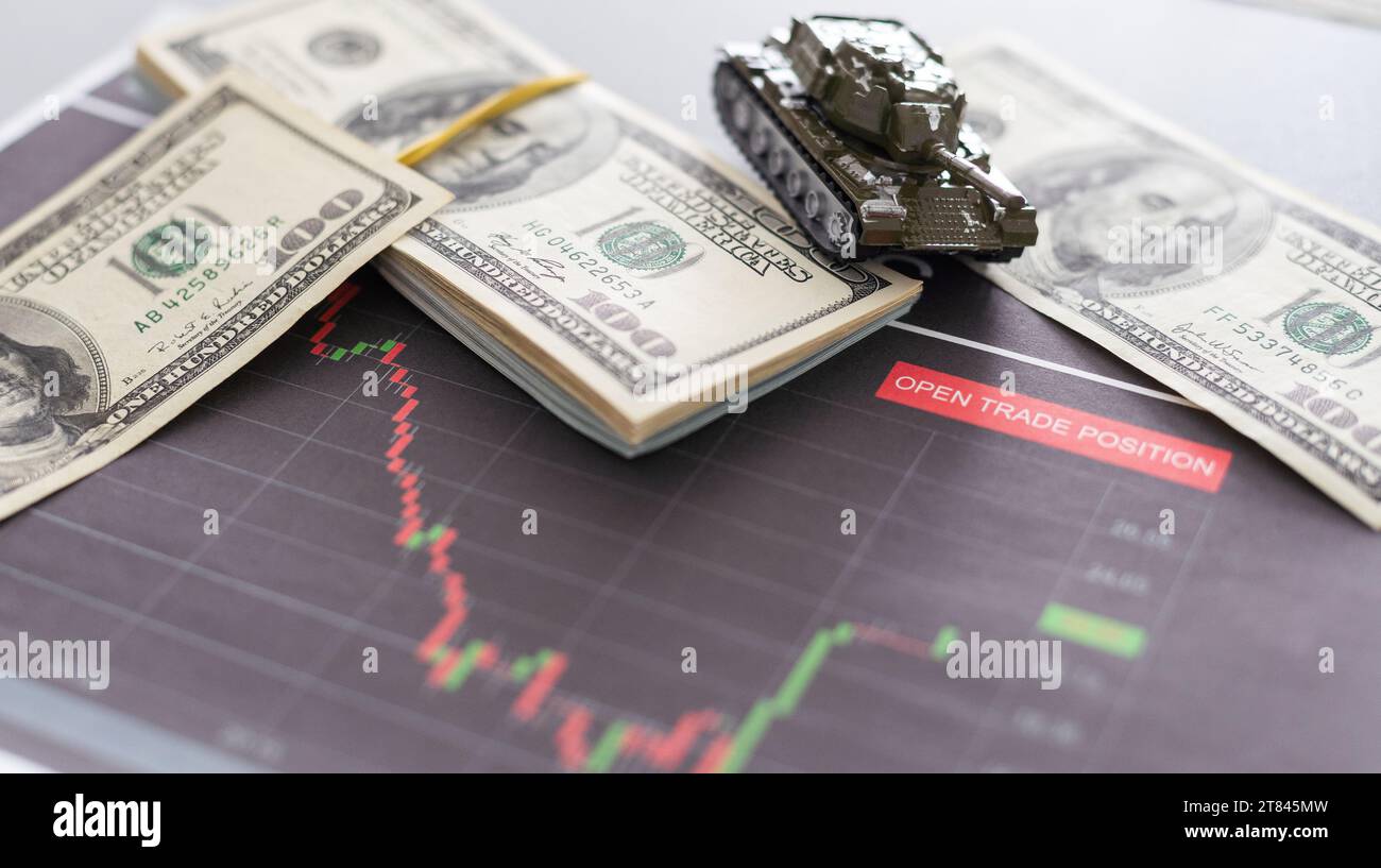 The main battle tank on US dollar bill banknotes background. U.S.A. and ...