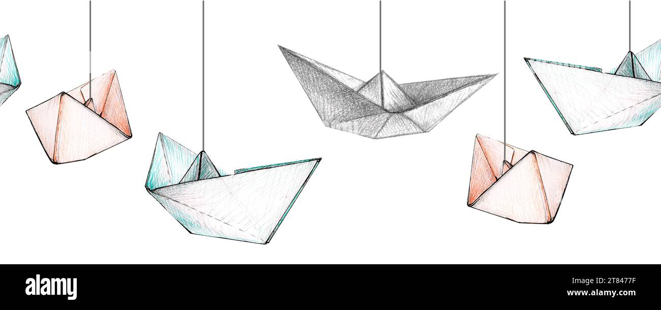 Paper boats origami seamless border. Illustration hand-drawn on white ...
