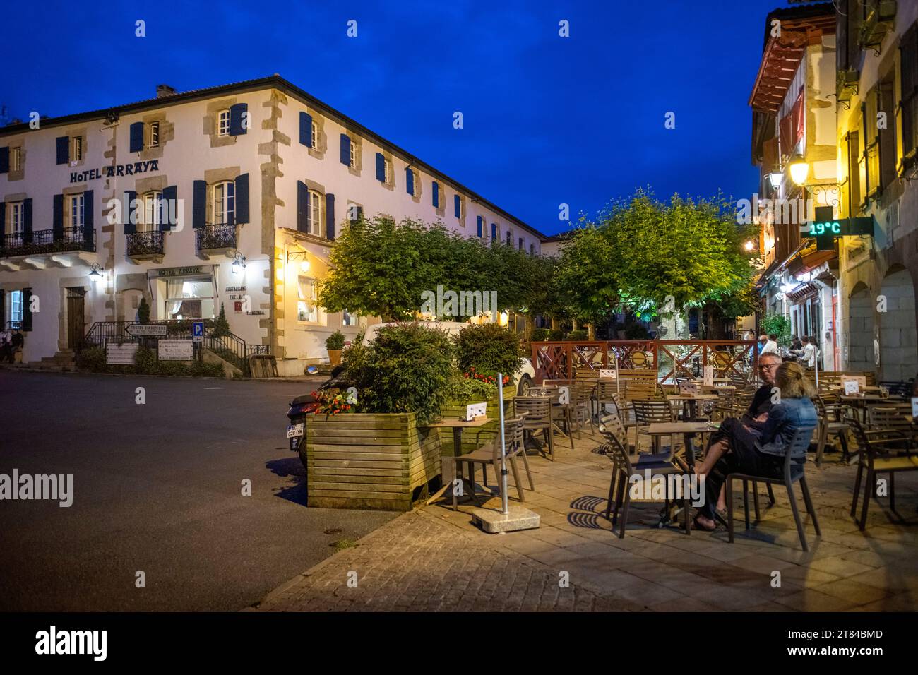 Restaurtant and the main square in Sare village, Pyrenees Atlantiques ...
