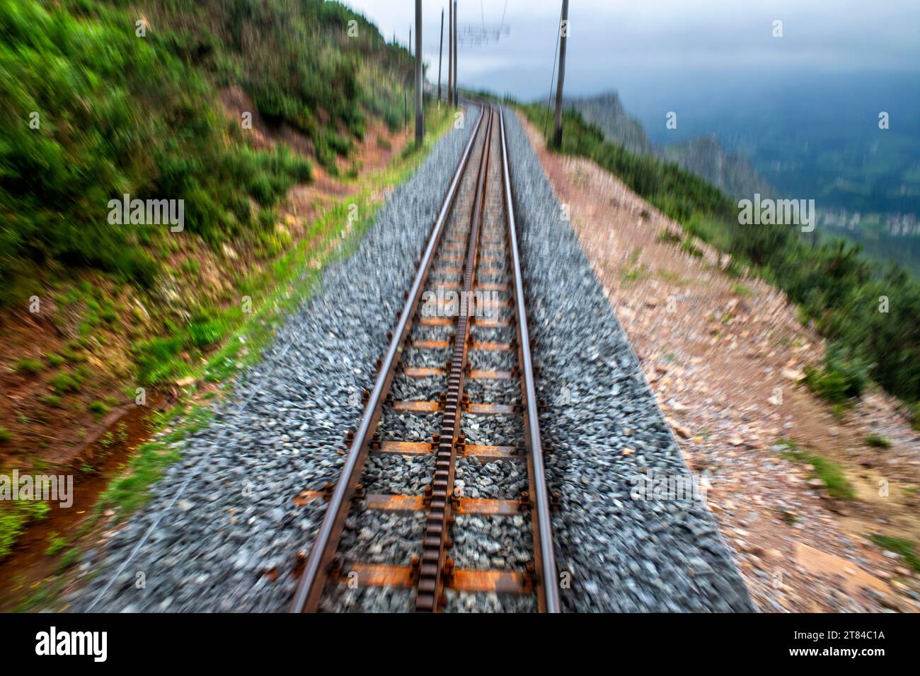 The Petit train de la Rhune rack railway, La Rhun mountain on the ...