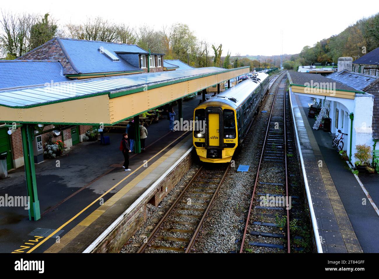 A train from Exeter arriving at Okehampton railway station on the ...