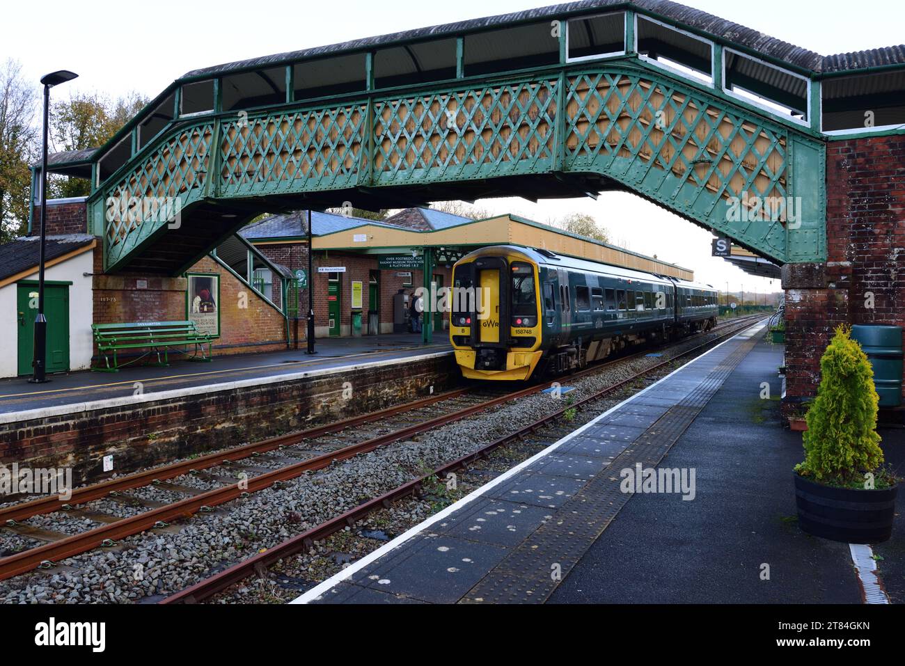 An Exeter-bound train waiting to depart from Okehampton railway station ...