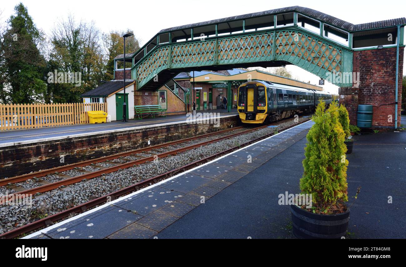 An Exeter-bound train waiting to depart from Okehampton railway station ...