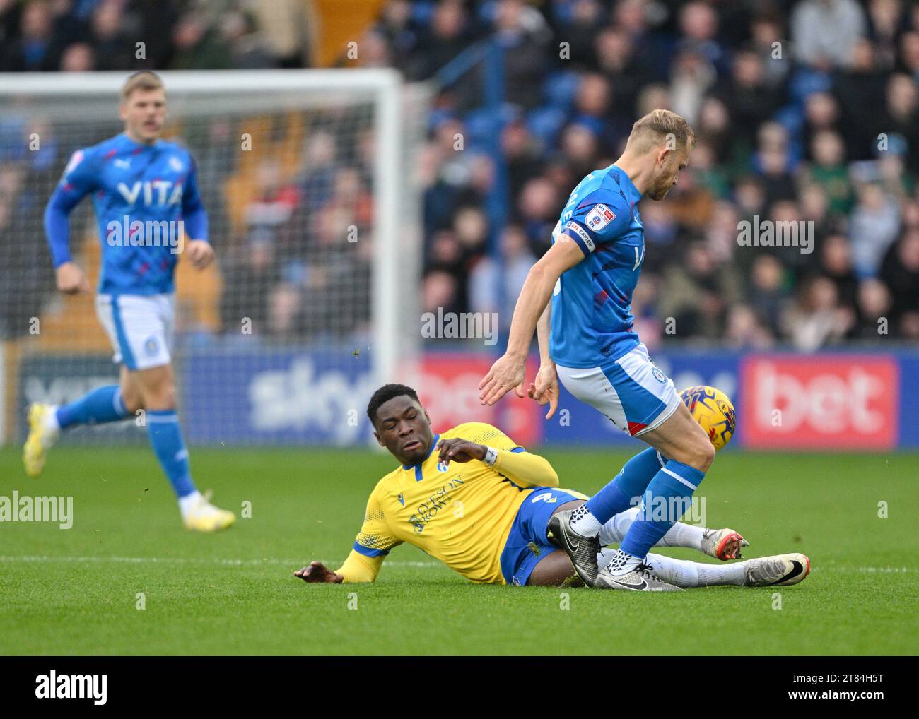 Stockport, UK. 18th Nov, 2023. Samson Tovide 9# of Colchester United ...