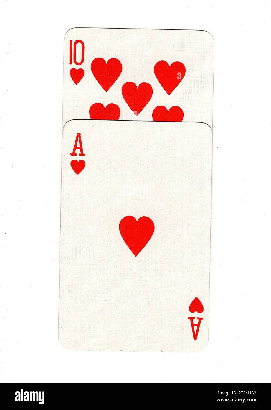 A pontoon hand of playing cards showing an ace and ten of hearts on a ...