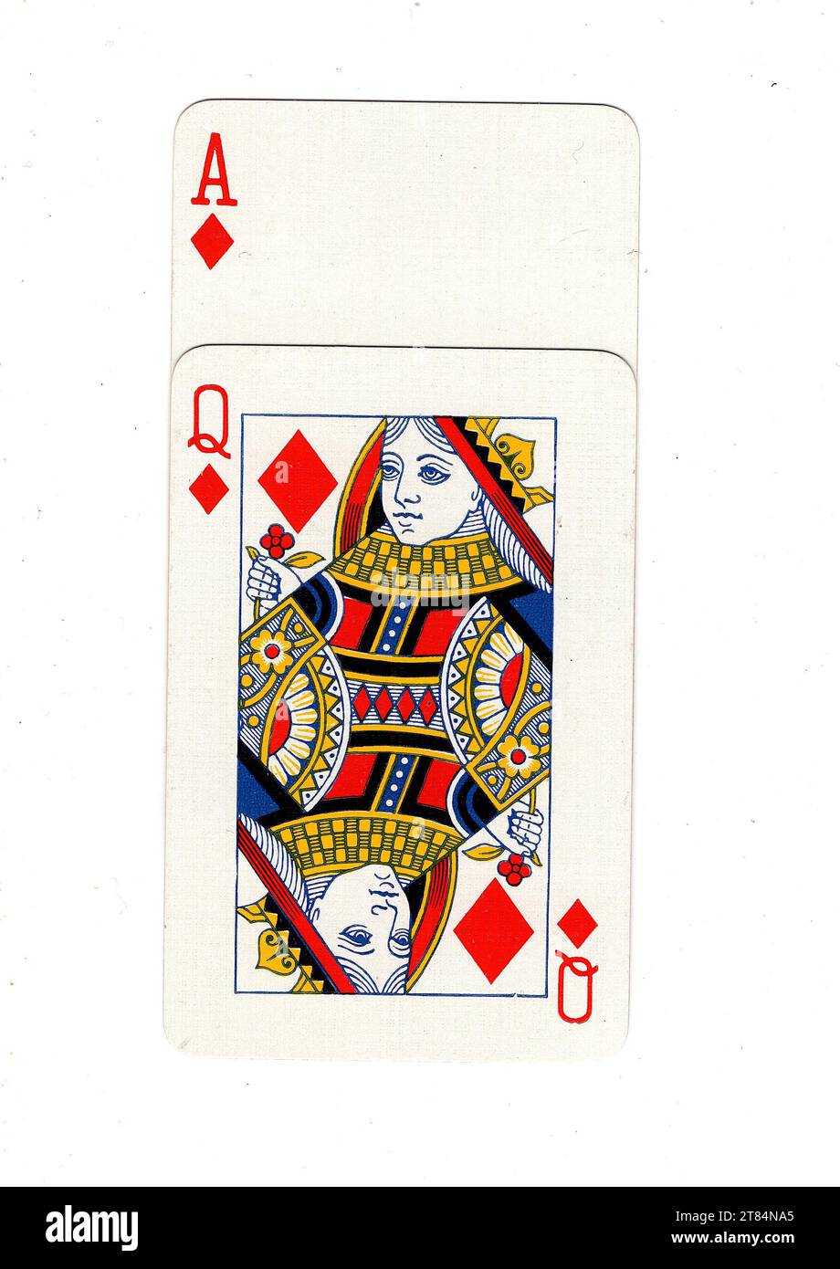 A pontoon hand of playing cards showing an ace and queen of diamonds on ...