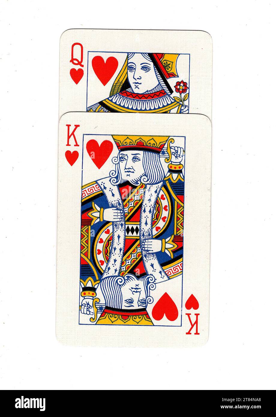 A pontoon hand of playing cards showing a queen and king of hearts on a ...
