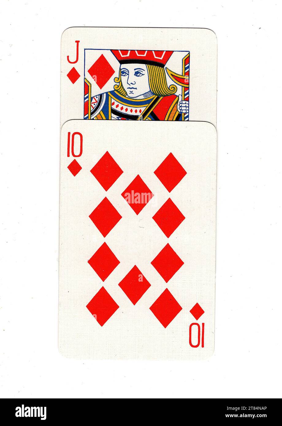 A pontoon hand of playing cards showing a jack and ten of diamonds on a ...