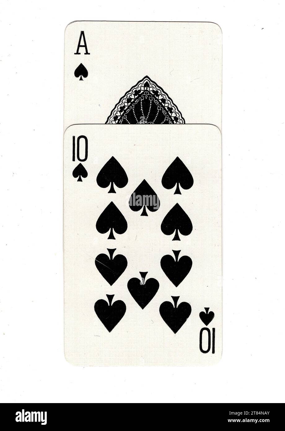 A pontoon hand of playing cards showing an ace and ten of spades on a ...