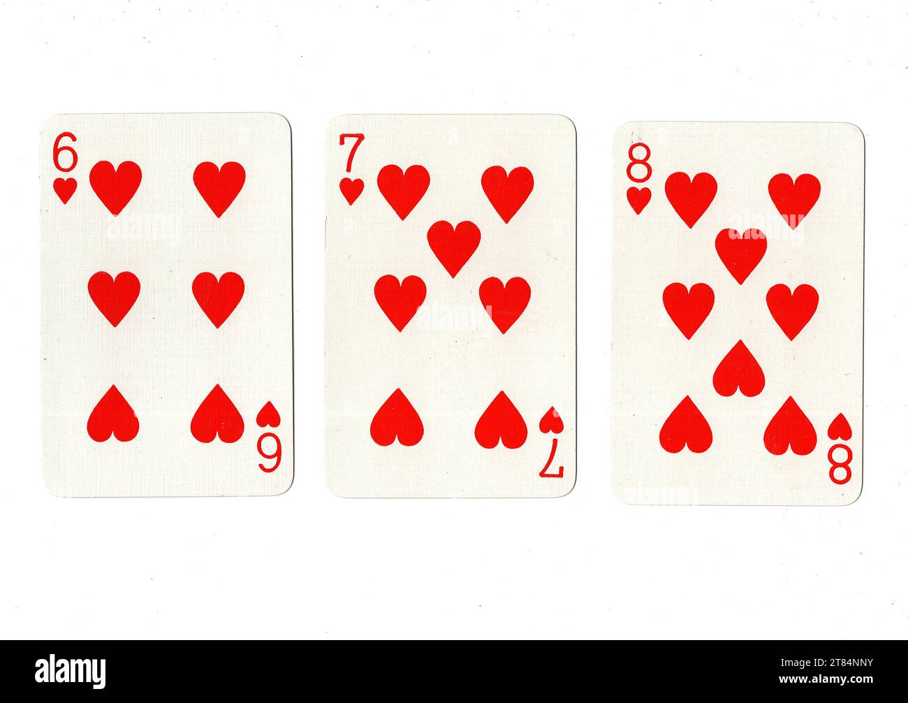 A run of three vintage playing cards showing a six, seven and eight of ...