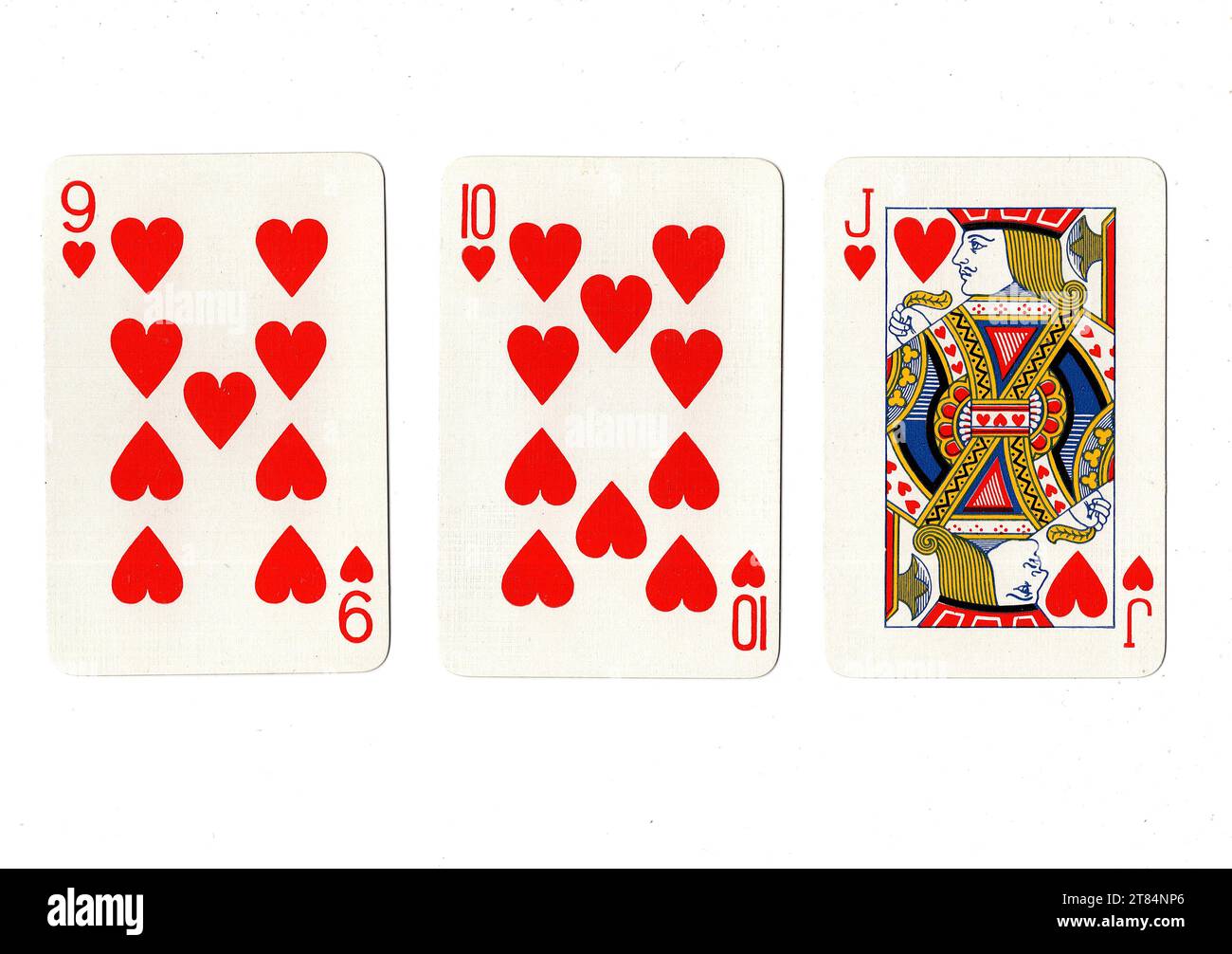 A run of three vintage playing cards showing a nine, ten and jack of ...