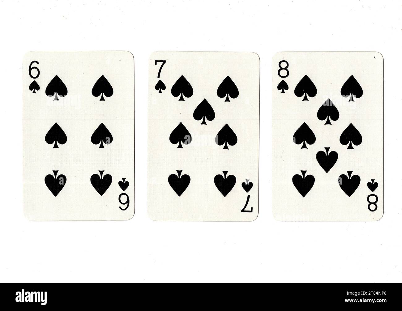 A run of three vintage playing cards showing a six, seven and eight of ...