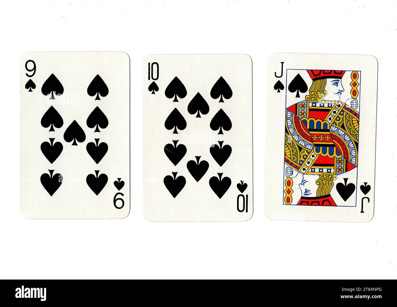 A run of three vintage playing cards showing a nine, ten and jack of ...