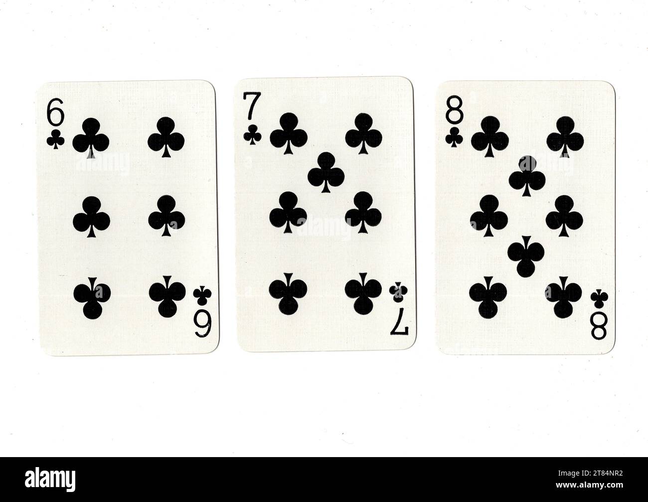 A run of three vintage playing cards showing a six, seven and eight of ...