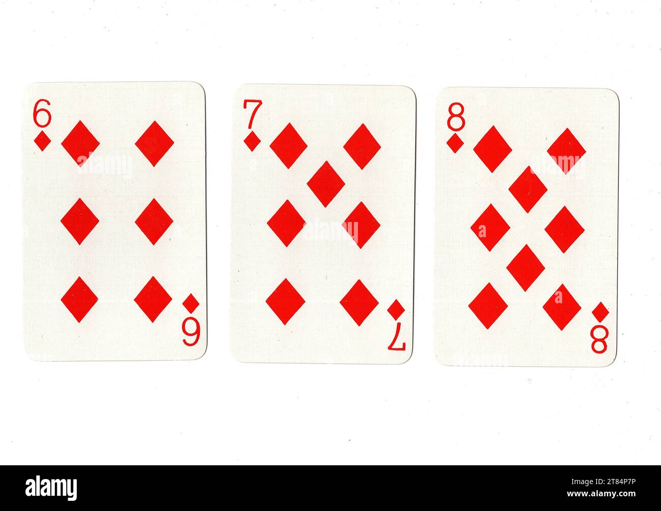 A run of three vintage playing cards showing a six, seven and eight of ...