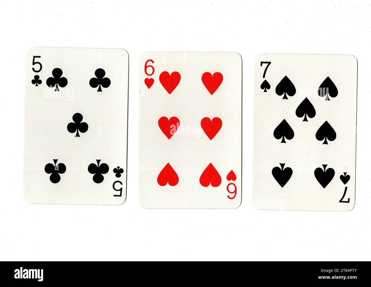 A run of three vintage playing cards showing a five, six and seven in ...