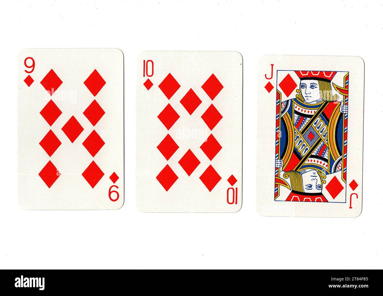A run of three vintage playing cards showing a nine, ten and jack of ...