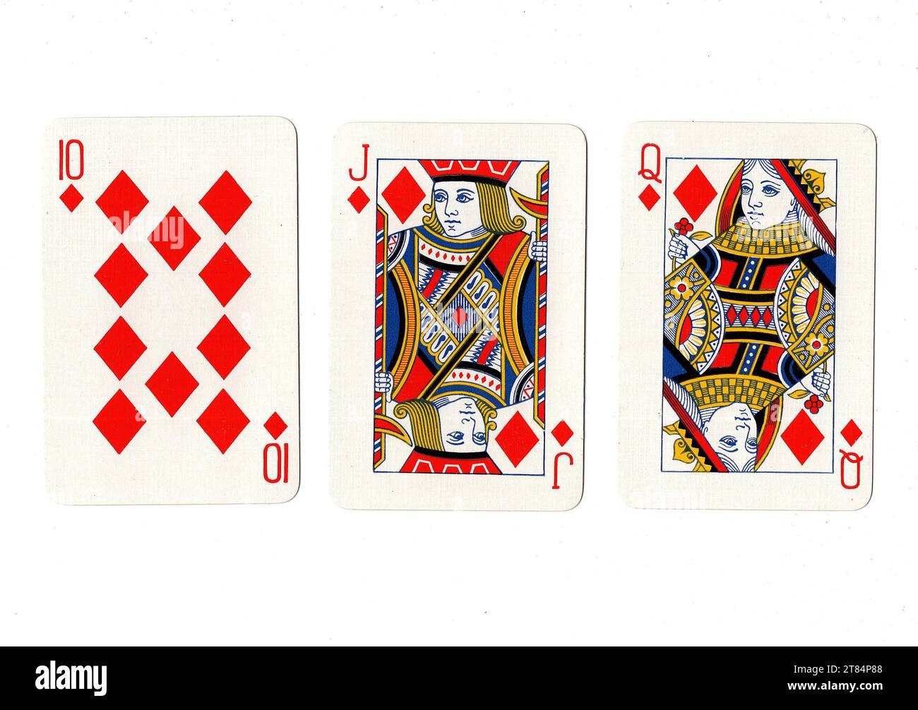 A run of three vintage playing cards showing a ten, jack and queen of ...