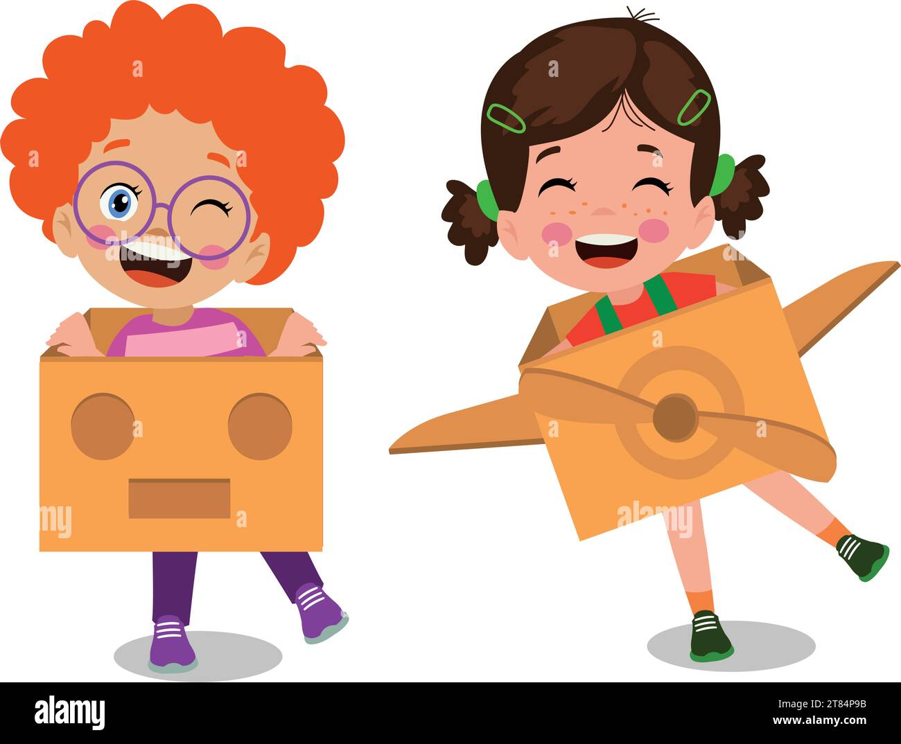 happy kids playing with cardboard car and cardboard airplane Stock ...