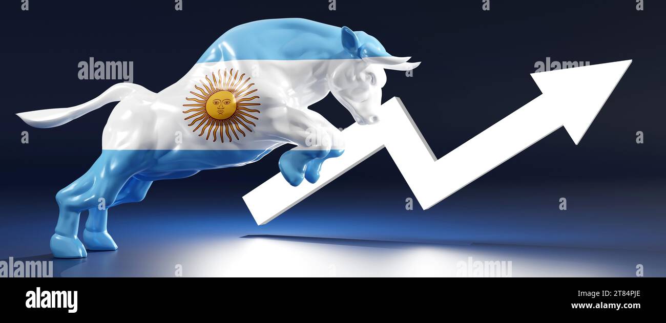Horizontal banner of a bull with Agentina flag on plain empty grey ...