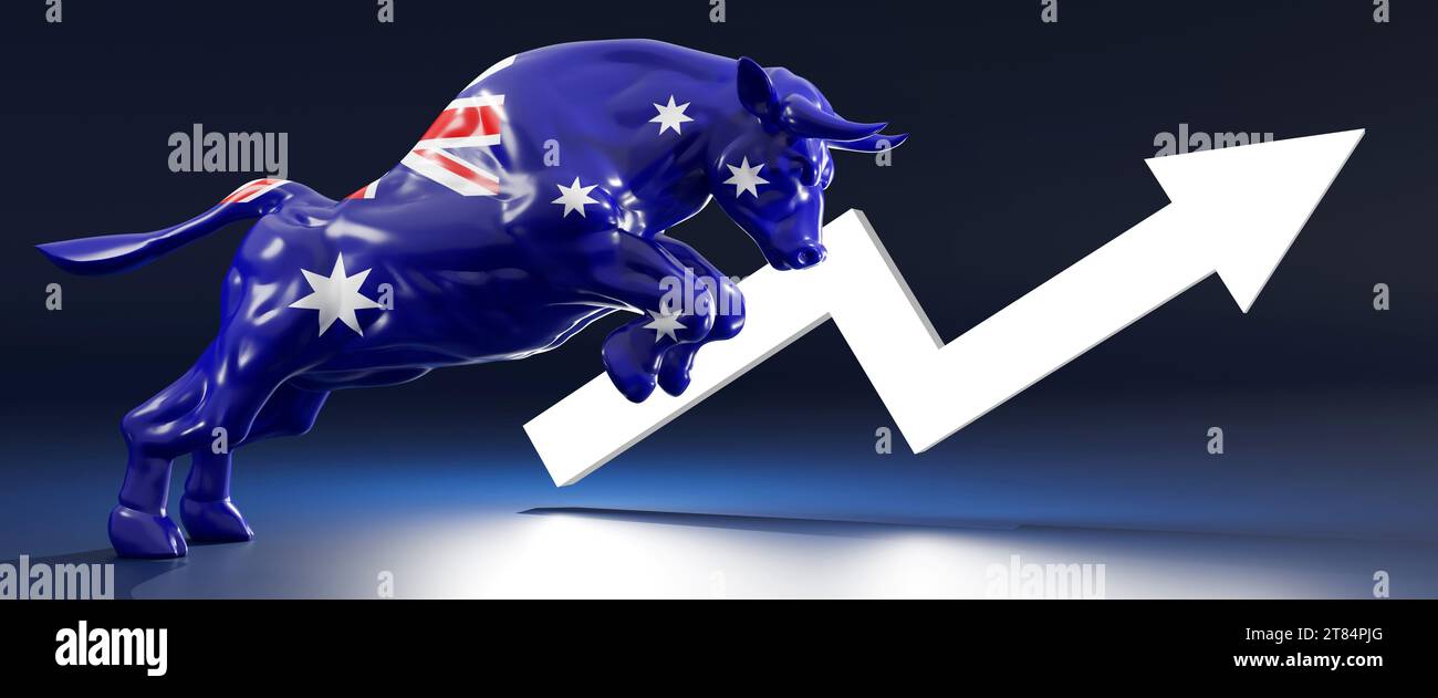 Horizontal banner of a bull with Australia flag on plain empty grey ...