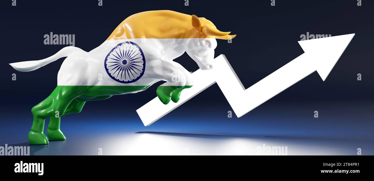 Horizontal banner of a bull with India flag on plain empty grey ...