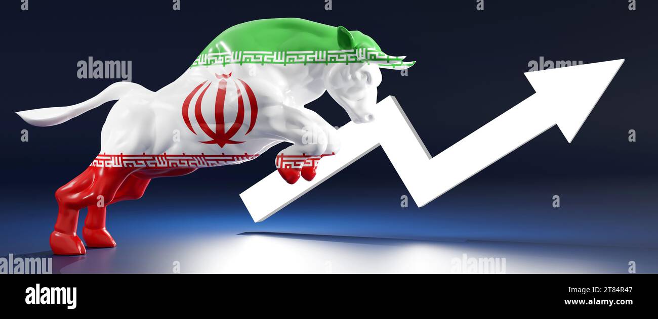 Horizontal banner of a bull with Iran flag on plain empty grey ...