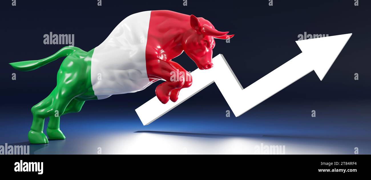 Horizontal banner of a bull with Italy flag on plain empty grey ...