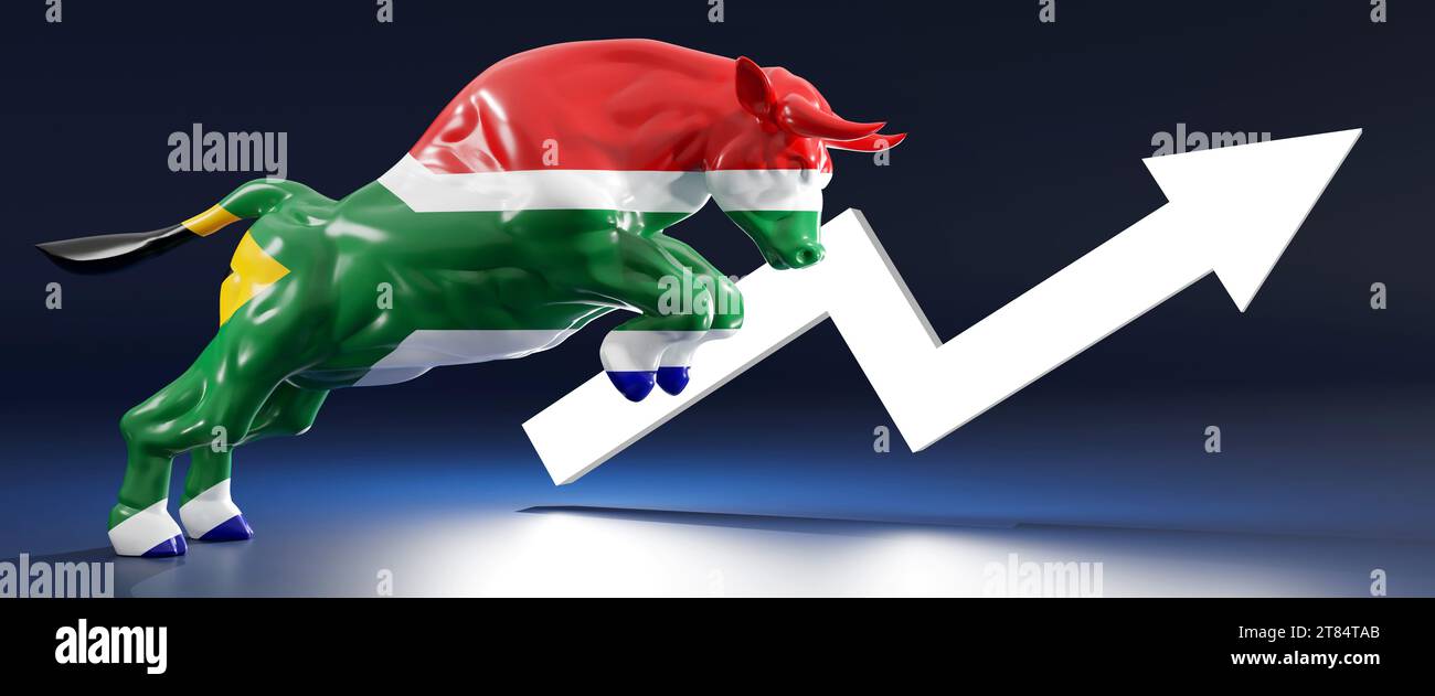 Horizontal banner of a bull with South Africa flag on plain empty grey ...