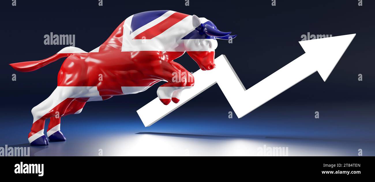 Horizontal banner of a bull with United Kingdom flag on plain empty ...