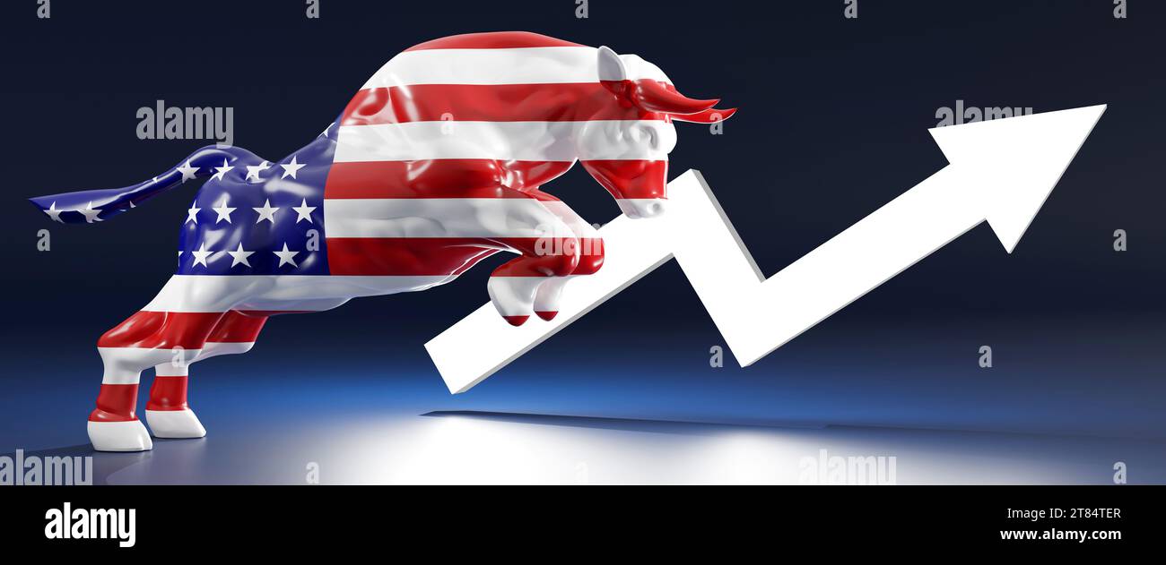 Horizontal banner of a bull with United States flag on plain empty grey ...