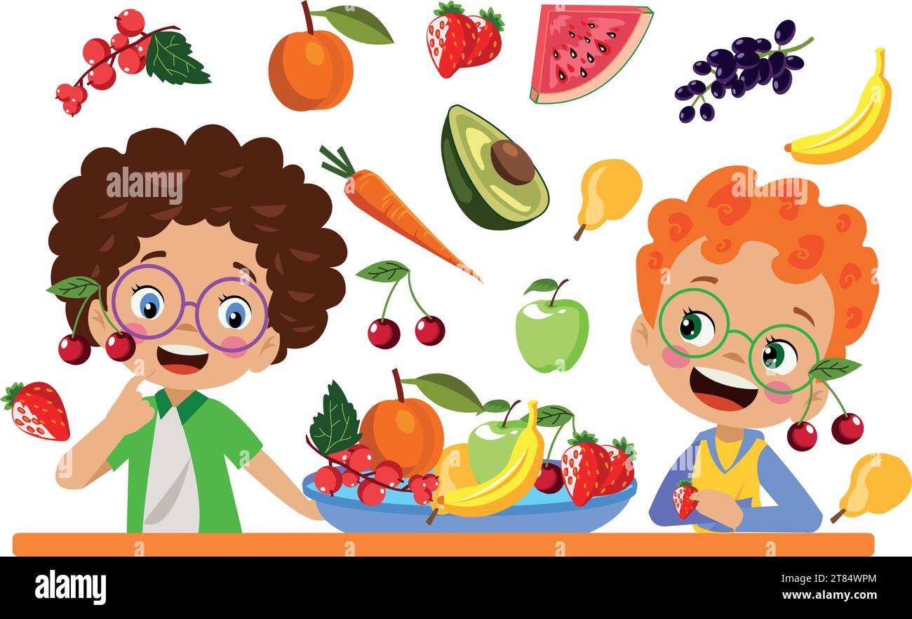 cute kids eating assorted fruits Stock Vector Image & Art - Alamy