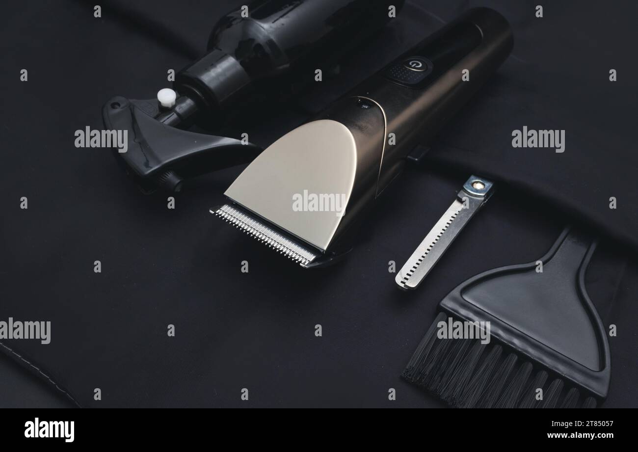 Mens hairdressing desktop with tools for shaving top view. Male haircut, fashion. Hairdresser ...