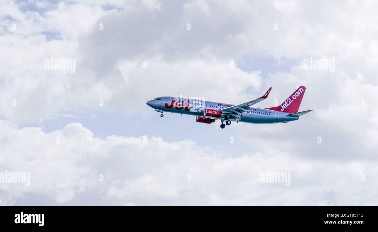 Jet2 plane in the sky flying to Lanzarote Stock Photo - Alamy