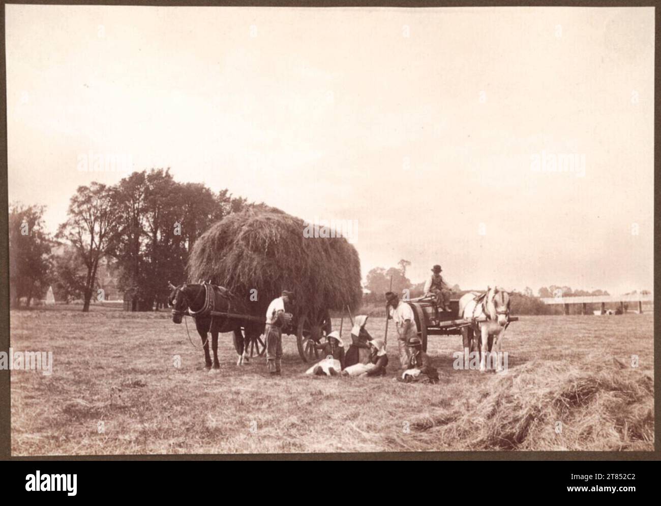 Joseph Gale Hay car and horse -drawn trailer with field workers ...